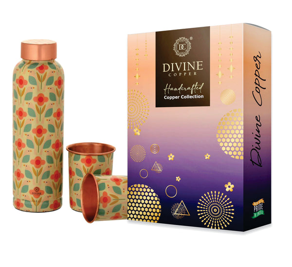 OREO Meena Print 1000ml Pure Copper Bottle with 2 Glass 300ml*2 Gift P – Divine Copper